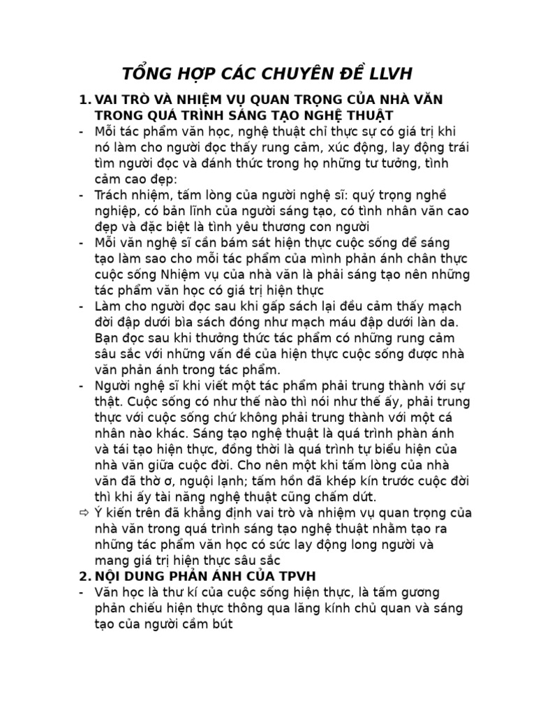 TỔNG HỢP CÁC CHUYÊN ĐỀ LLVH 1 | PDF