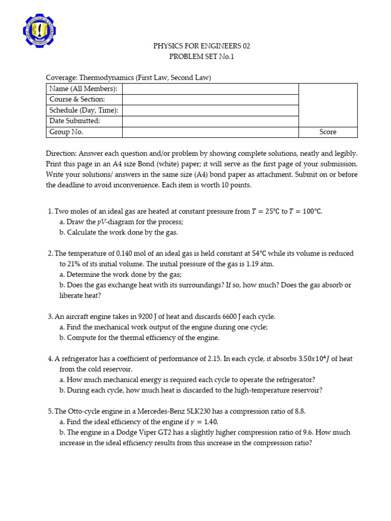 Thermodynamics Problem Set for Engineers | PDF | Heat | Gases