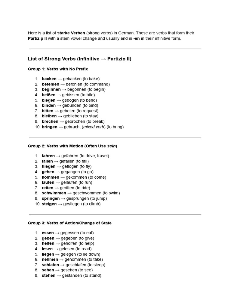 German Strong Verbs List (Partizip II) | PDF