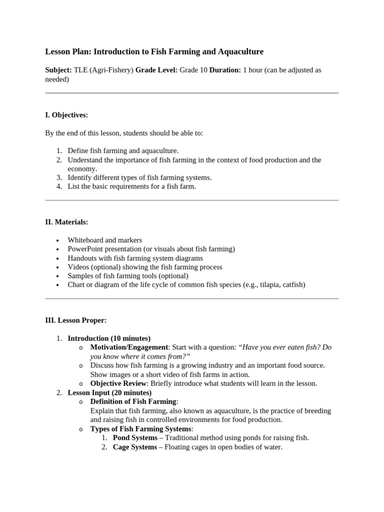 Lesson Plan g10 | PDF | Aquaculture | Fish And Humans