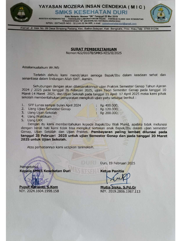 Surat Pemberitahuan Kelas 12 | PDF