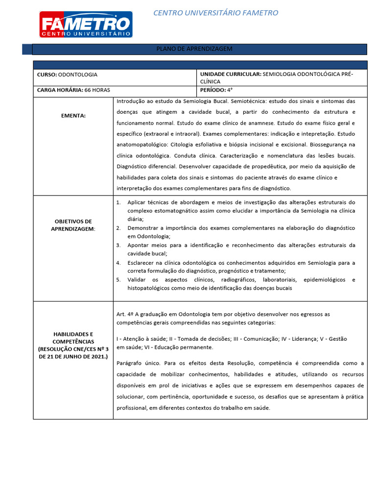 Semiologia Odontológica: Plano de Aprendizagem | PDF | Odontologia ...