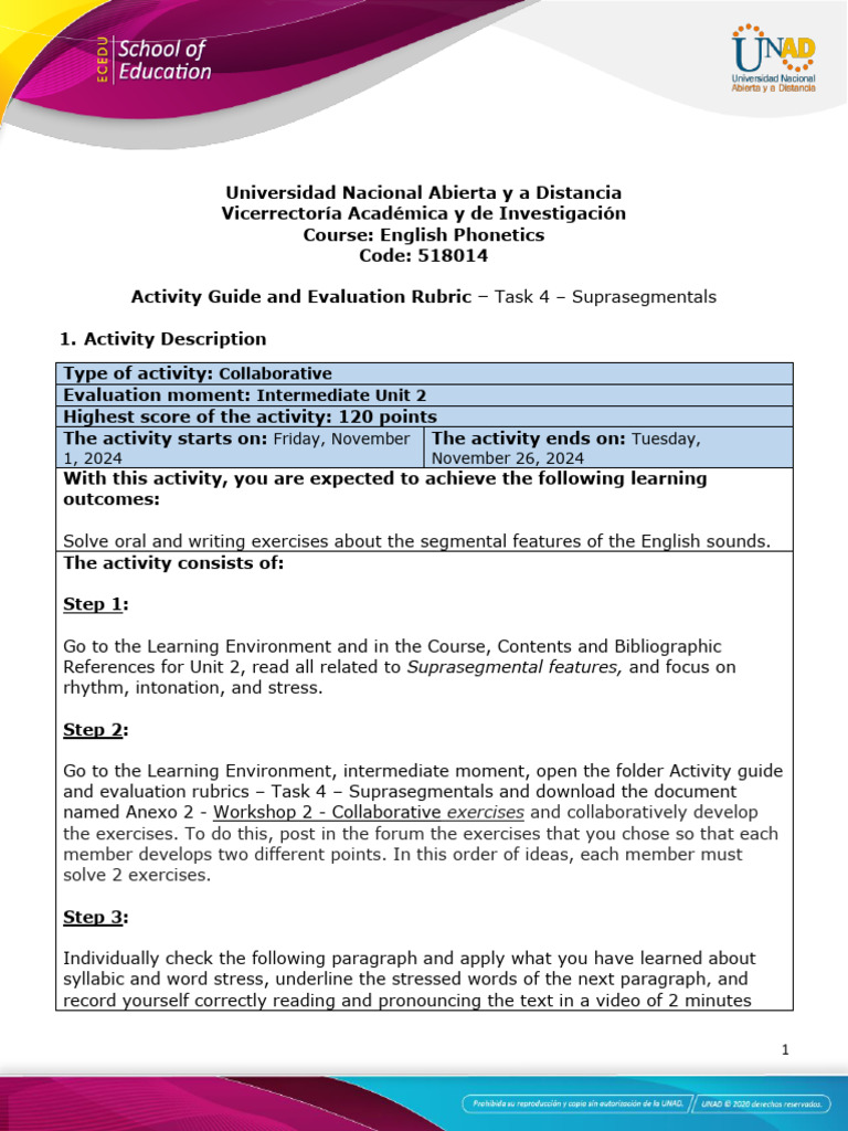 Activities guide and evaluation rubric - Unit 2- Task 4 - Suprasegmentals (1) | PDF | Turnitin ...