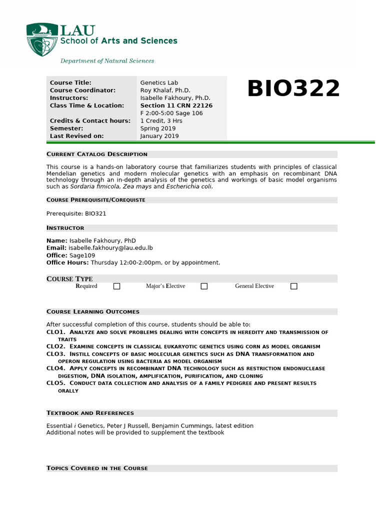BIO 322 Syllabus Spring 2019 | PDF | Genetics | Molecular Cloning