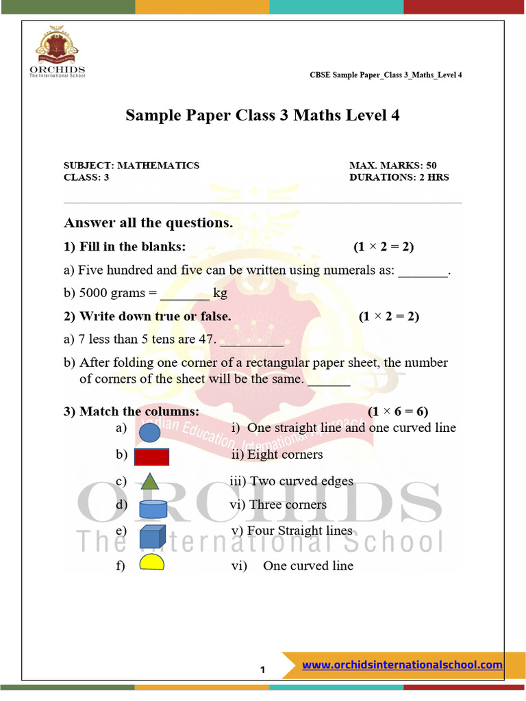 question-sample-paper-class-3-maths-level-4 | PDF