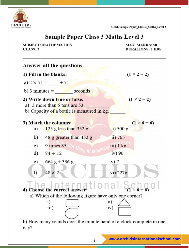 Question Sample Paper Class 3 Maths Level 3 | PDF