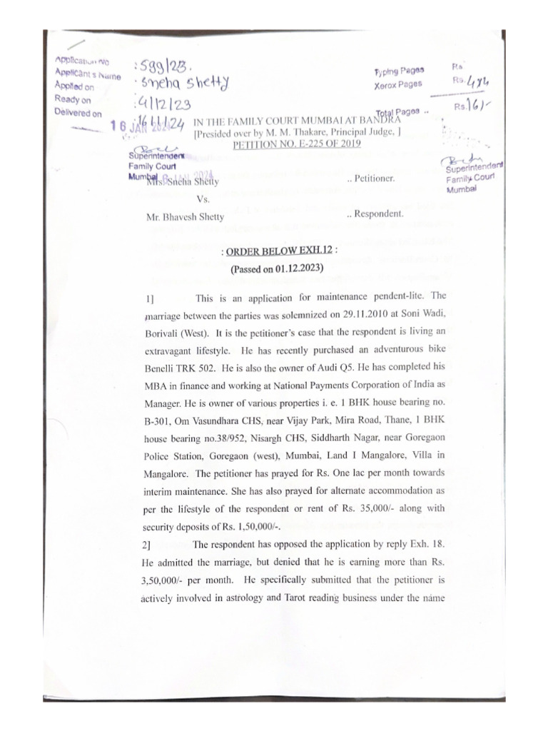 Sneha Shetty Interim Maintenance Order | PDF