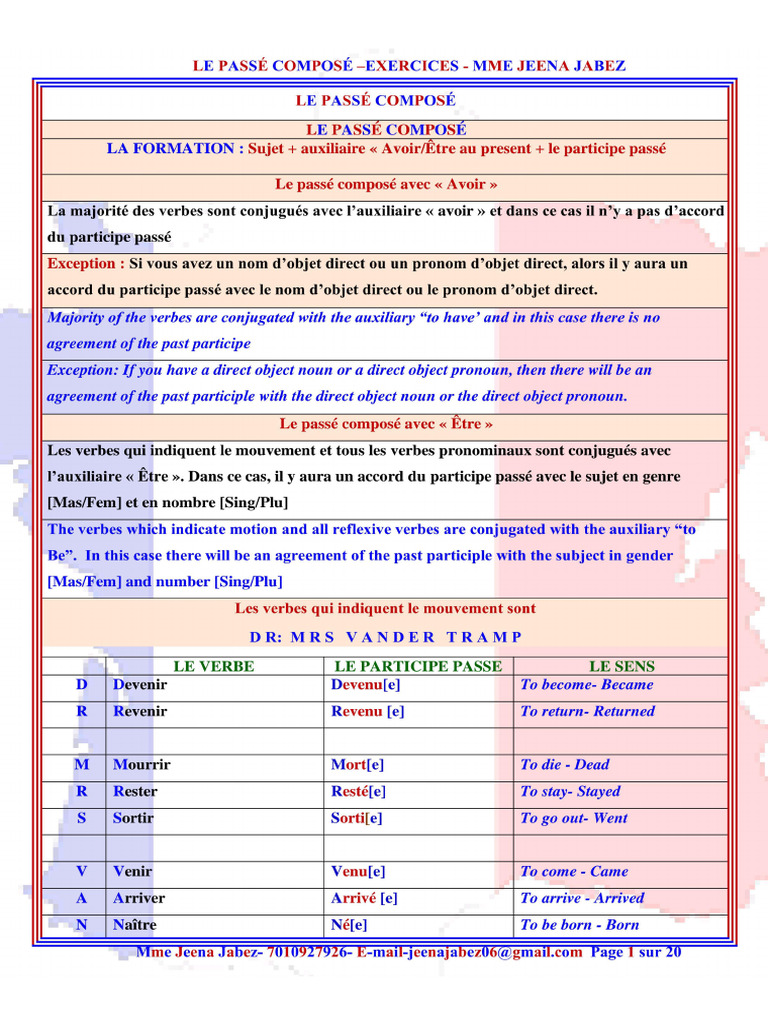 Le Passe Compose - Exercices-Mme Jeena Jabez-Mfjj-2025 | PDF