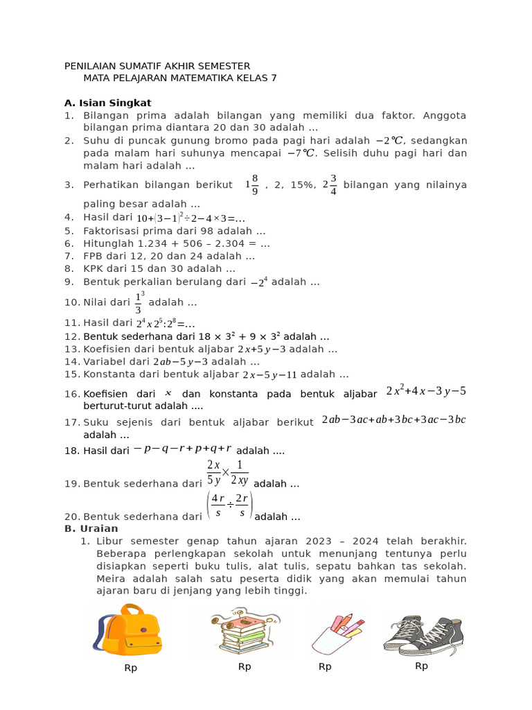 Matematika Penilaian Sumatif Akhir Semester Kelas 7 | PDF