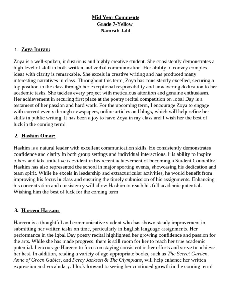 Mid Year Comments 7Y 24 25 Namrah Done | PDF | Critical Thinking ...