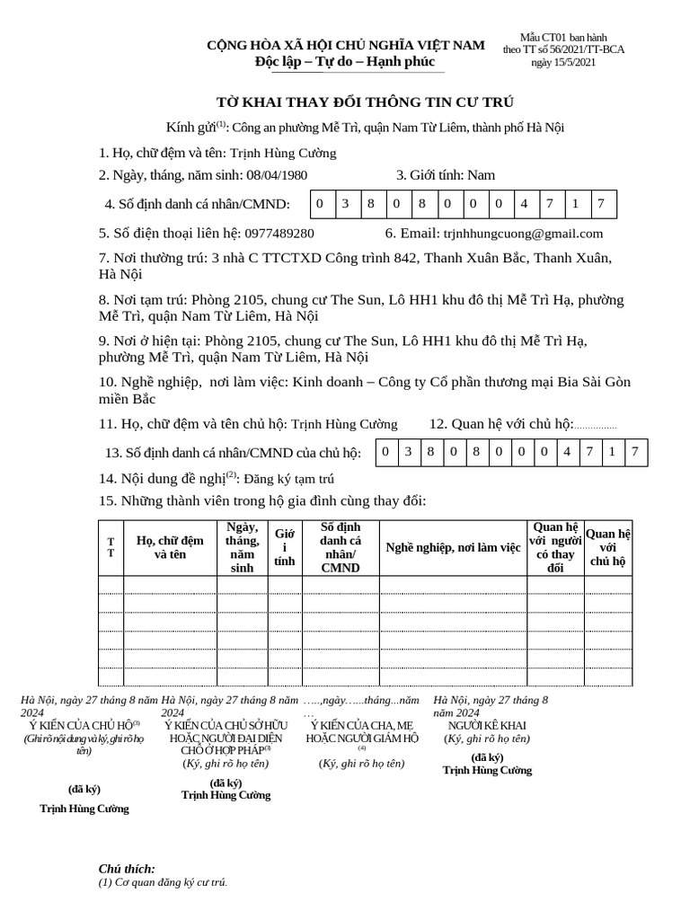 Trịnh Hùng Cường - Mẫu CT01 | PDF