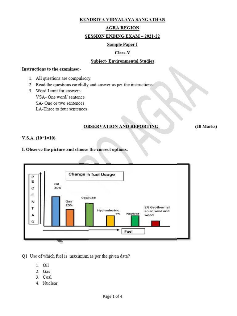 KV Class 5 Annual Exam Model Question Paper EVS 1 | PDF | Fuels