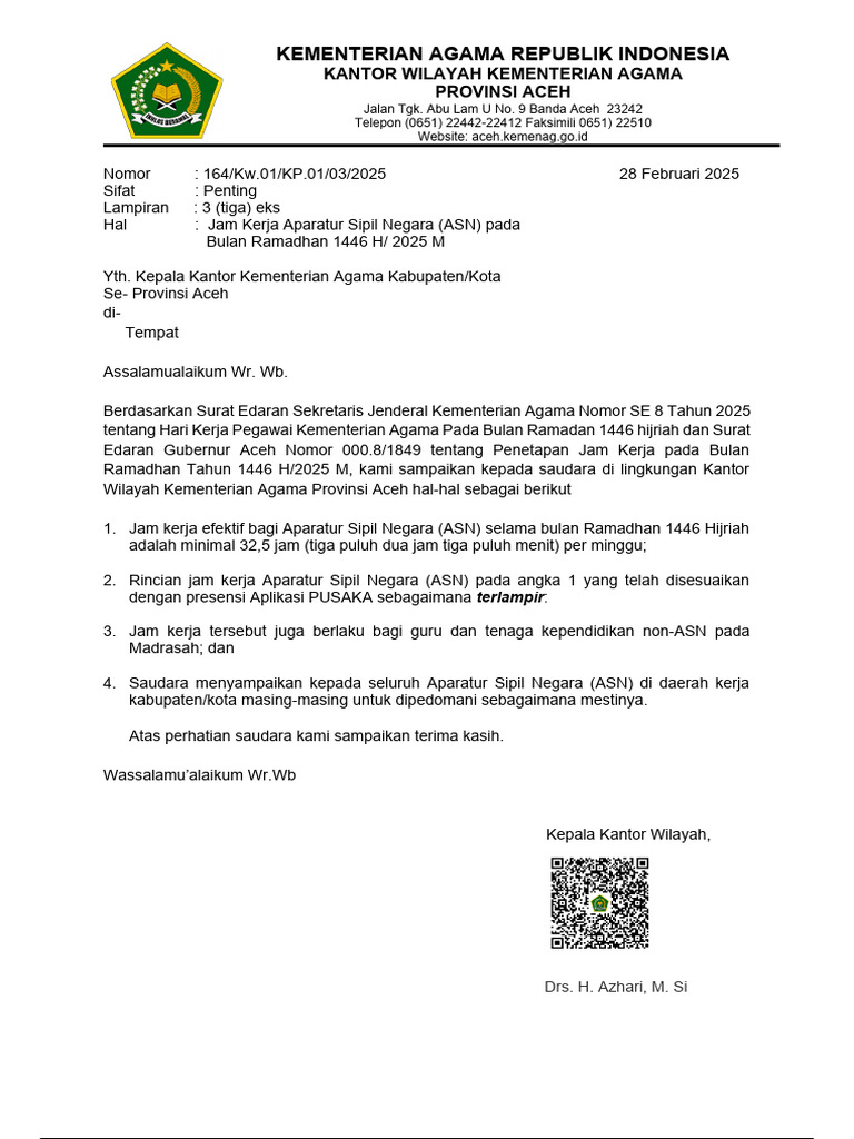 Jam Kerja ASN Kemenag Aceh Ramadhan 1446 H, 2025 M | PDF