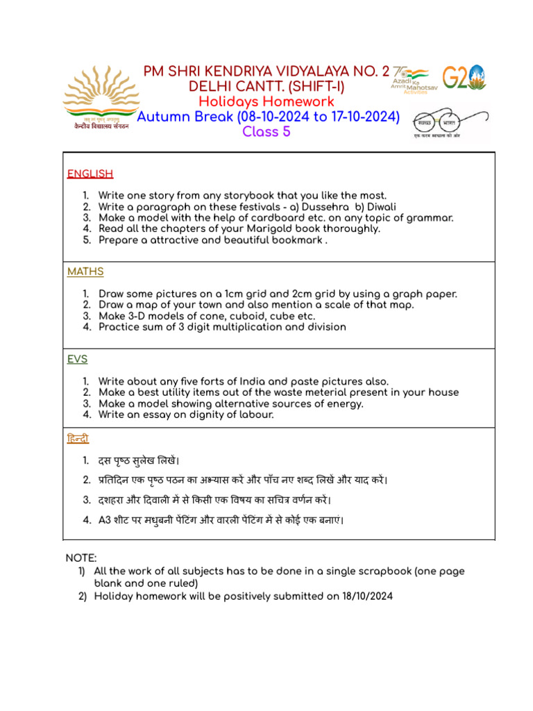 Class 5 HHW (AUTUMN BREAK) | PDF