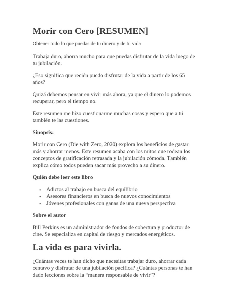 Morir con Cero_Resumen | PDF | Deuda | Inversiones