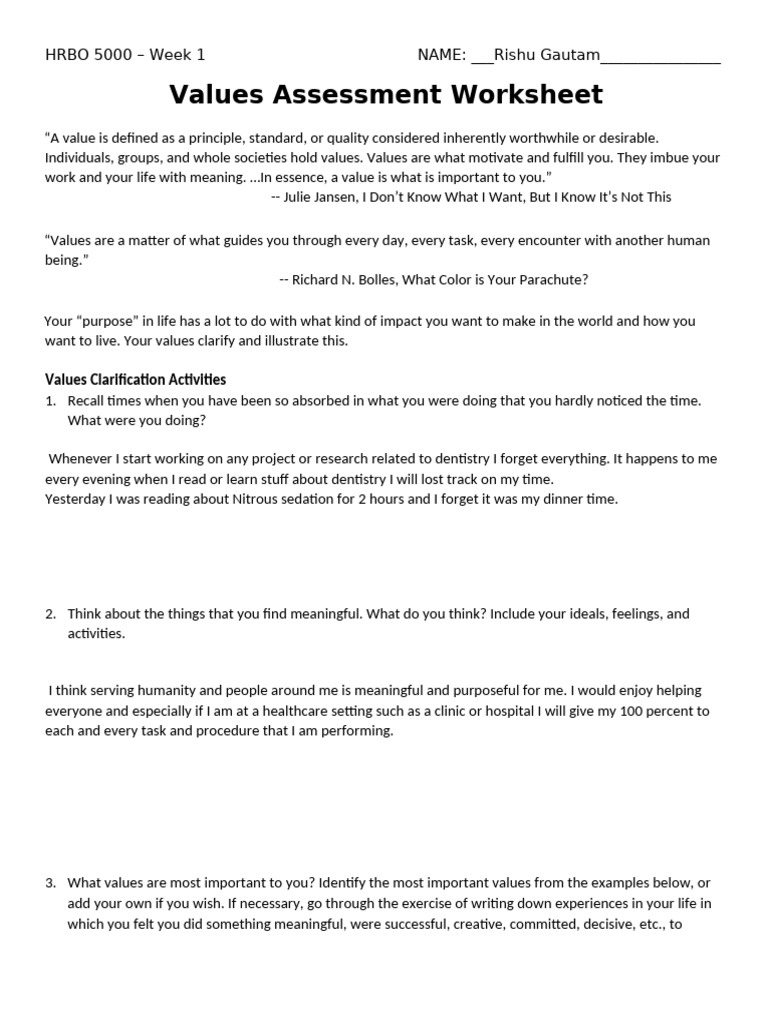 Values Assessment Reflection | PDF | Happiness | Social Psychology