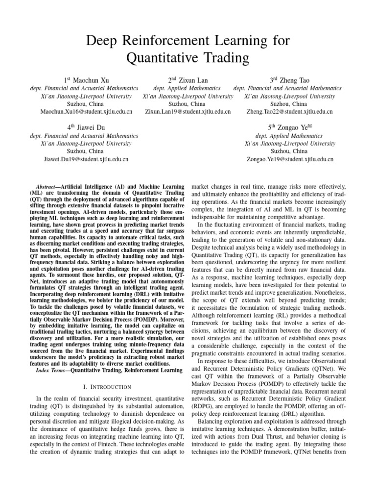 Deep Reinforcement Learning For Quantitative Trading | PDF | Machine Learning