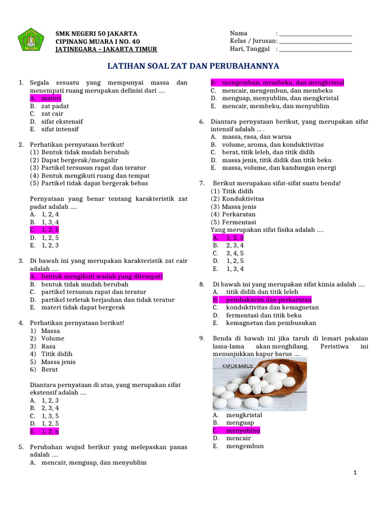 LAT SOAL KIMIA - ZAT & PERUBAHANNYA | PDF