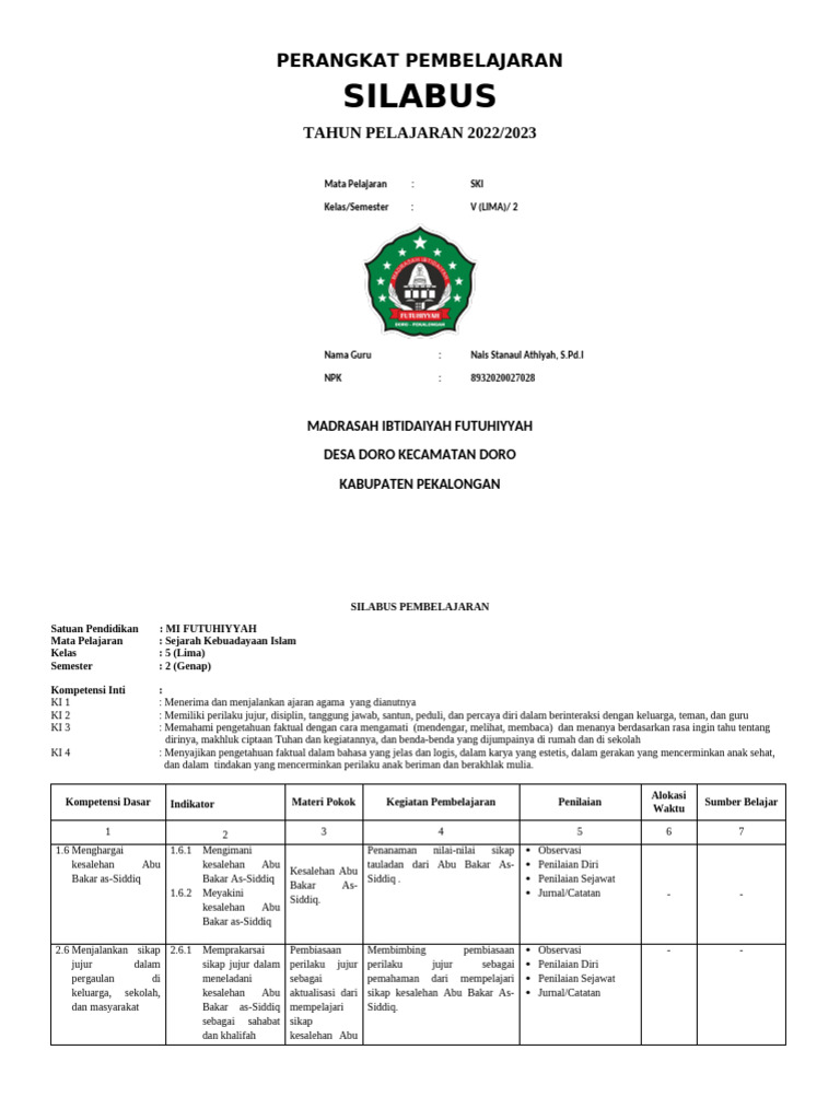 Silabus Kelas 5 (Genap) | PDF