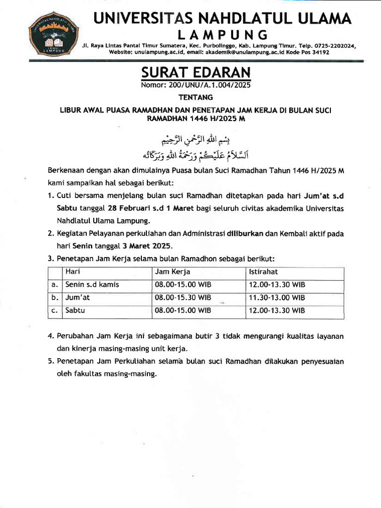 Surat Edaran Libur Awal Ramadhan Dan Penetapan Jam Kerja Selama Bulan Ramadhan | PDF