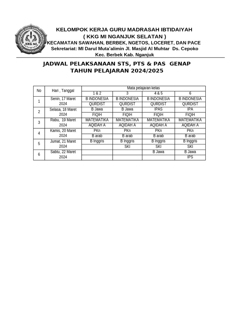 Jadwal STS & PAS GENAP 2024-2025 Maret | PDF