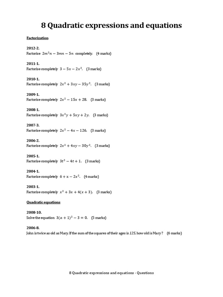 MSCE MATH I 08 Quadratic Expressions and Equations | PDF
