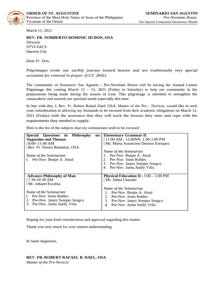 Excuse Letter For The Lenten Pilgrimage STVI SACS | PDF | Lent