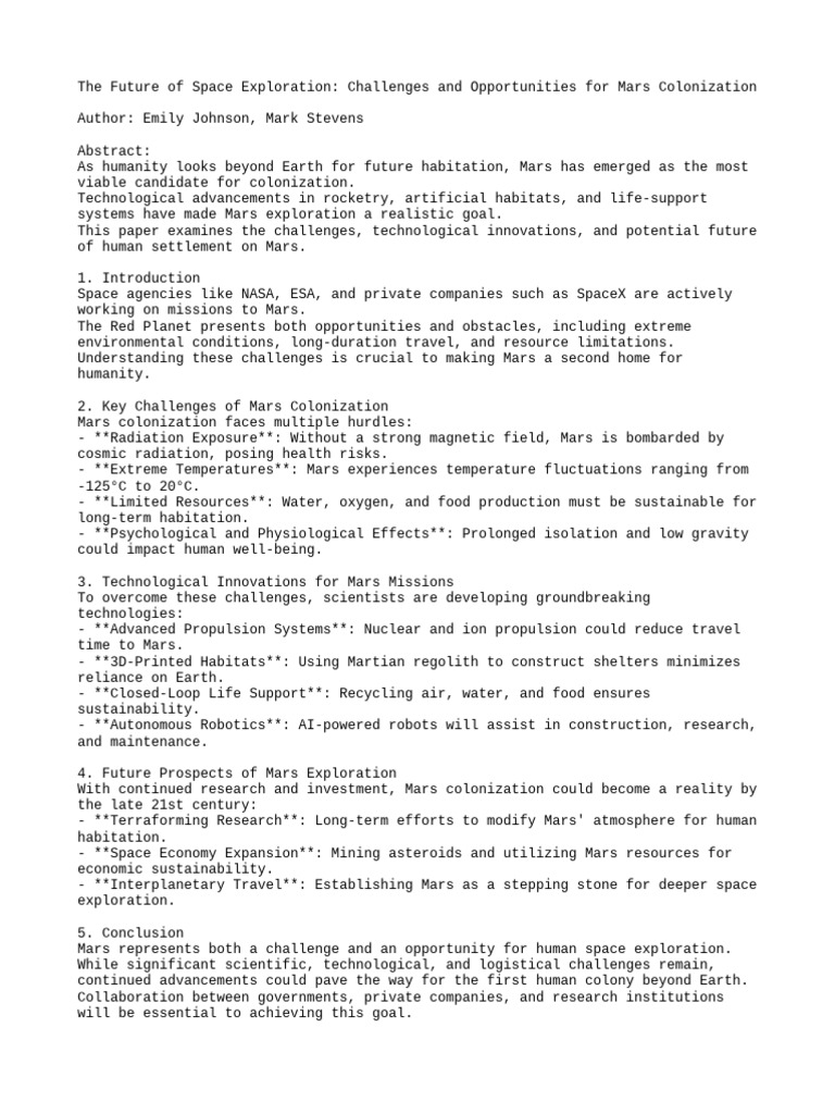 The Future of Space Exploration: Challenges and Opportunities For Mars ...