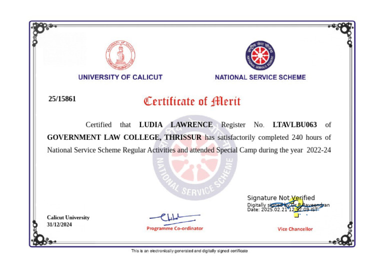 NSS Completion Certificate for Ludia Lawrence | PDF