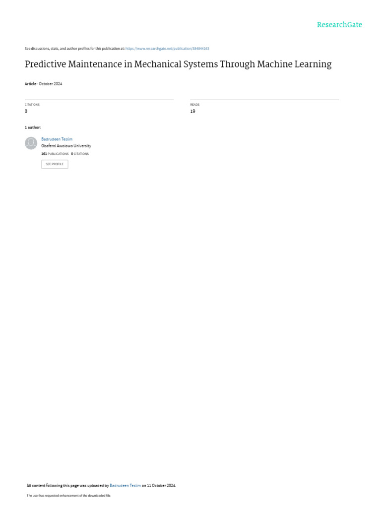 Predictive Maintenancein Mechanical Systems Through Machine Learning | PDF | Machine Learning ...
