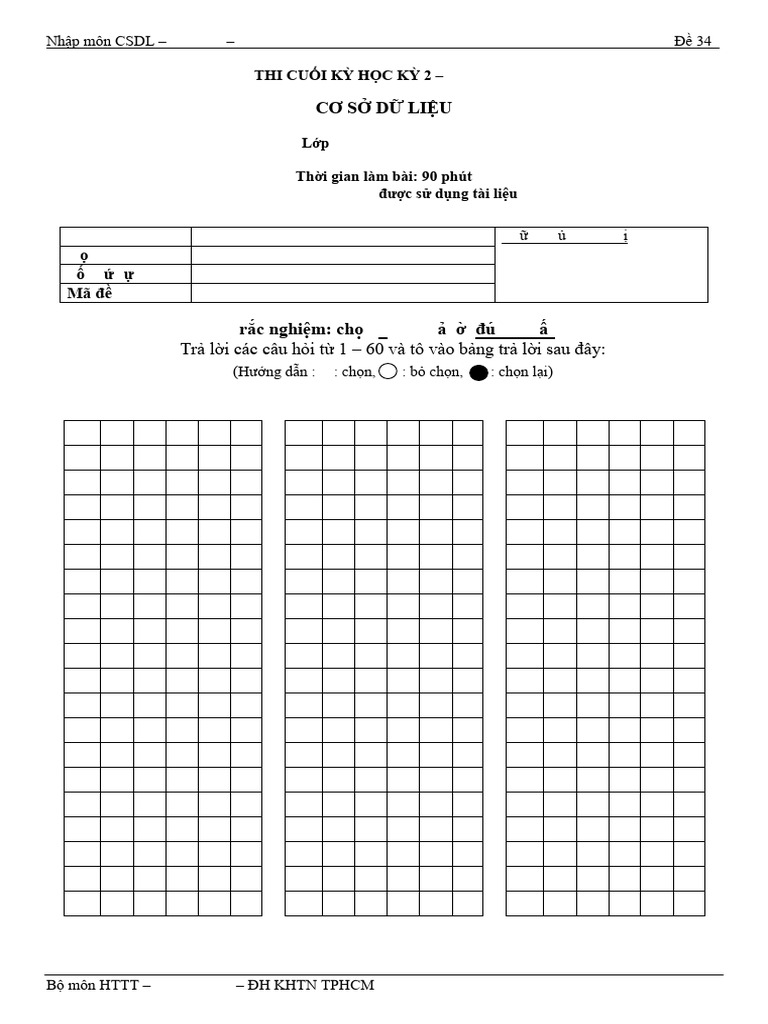 Co So Du Lieu Thi Cuoi Ky Hoc Ky 2 2014 2015 (Dap an) [Cuuduongthancong.com] | PDF
