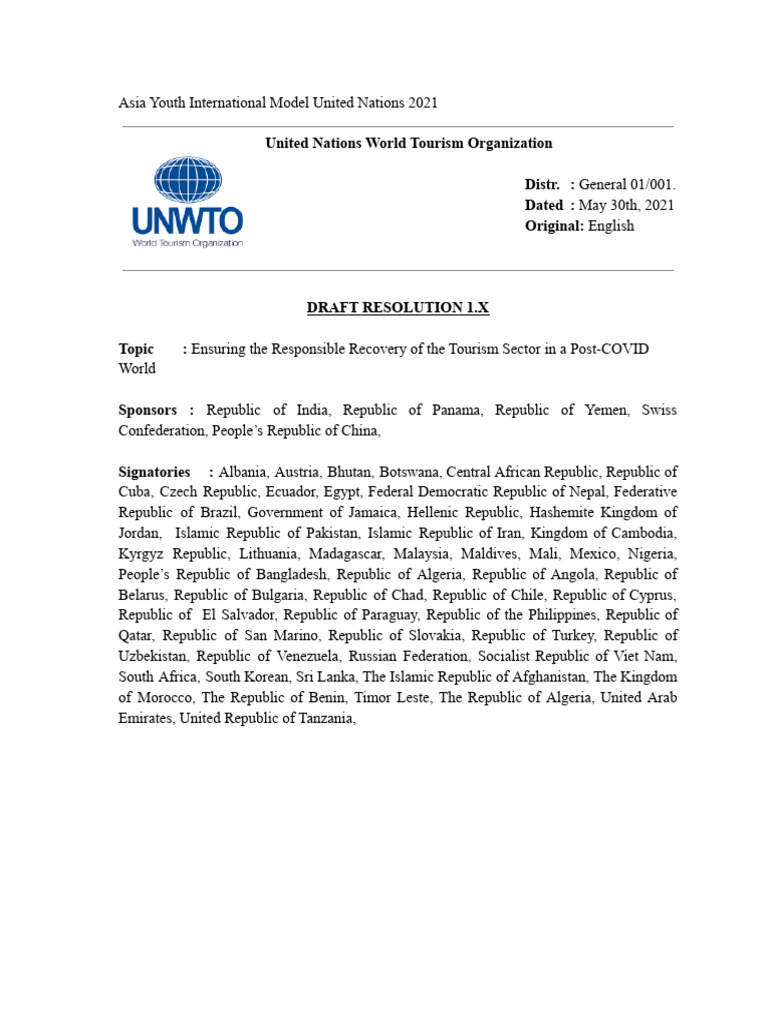 FINAL Draft Resolutions - UNWTO | PDF | Tourism | Infrastructure