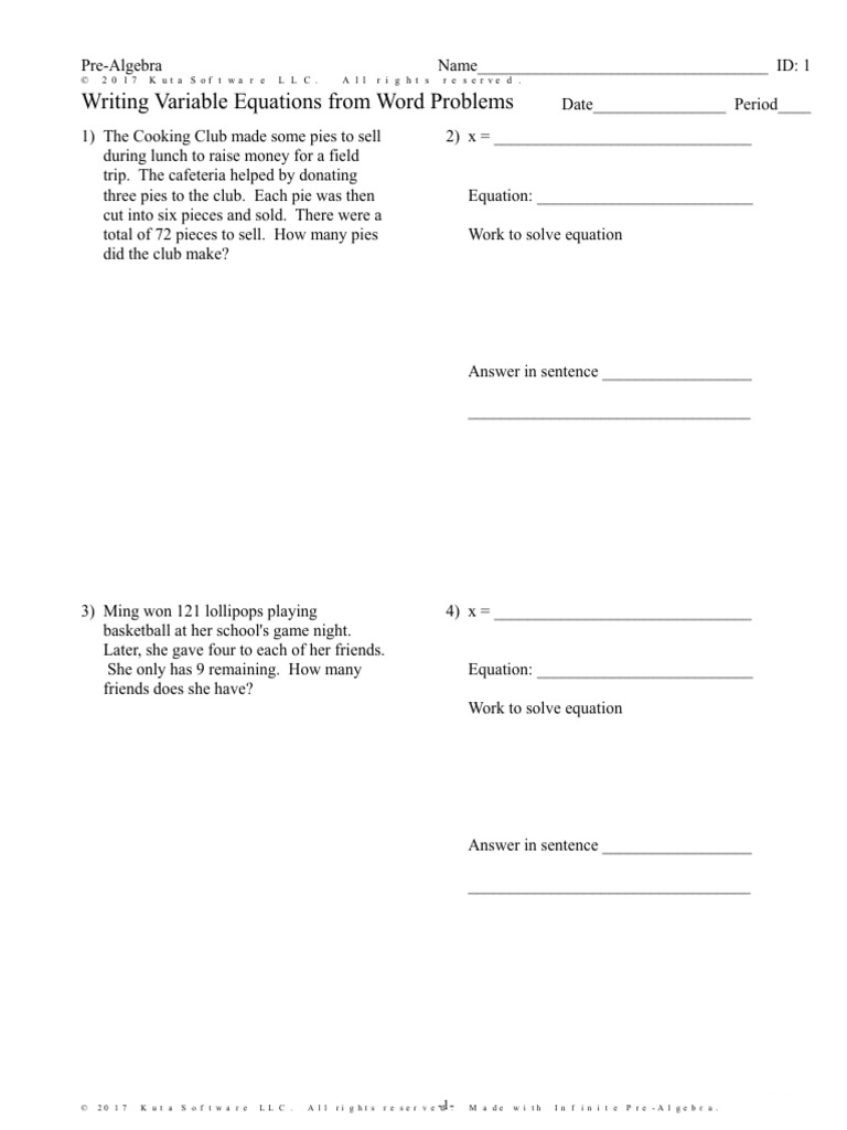 Infinite Pre-Algebra - Writing Variable Equations From Word Problems ...