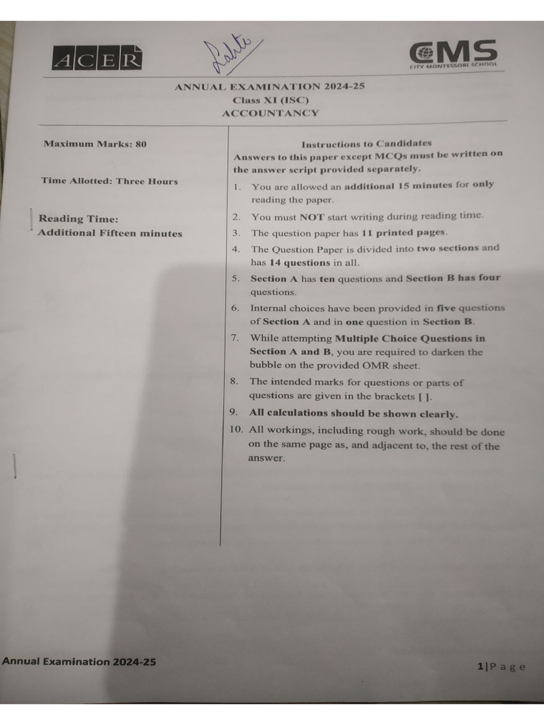 City Montessori School - Class 11th ISC - Annual Examination ...