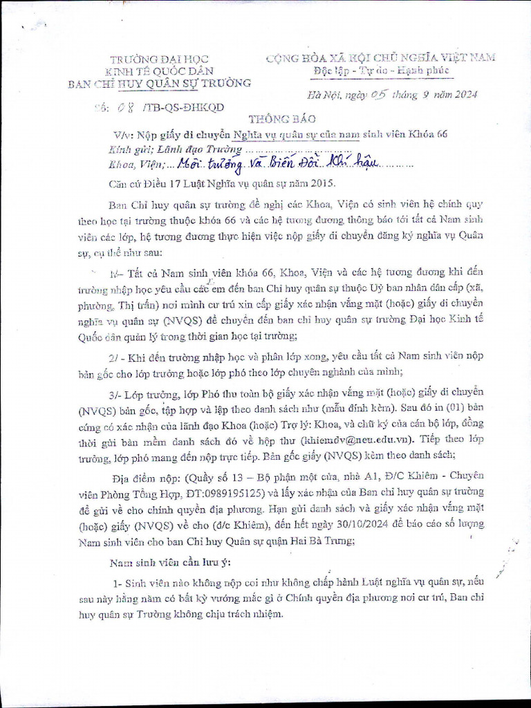 2024.9-TB-Nộp-Giấy-di-chuyển-NVQS-Nam-SV-K66 | PDF
