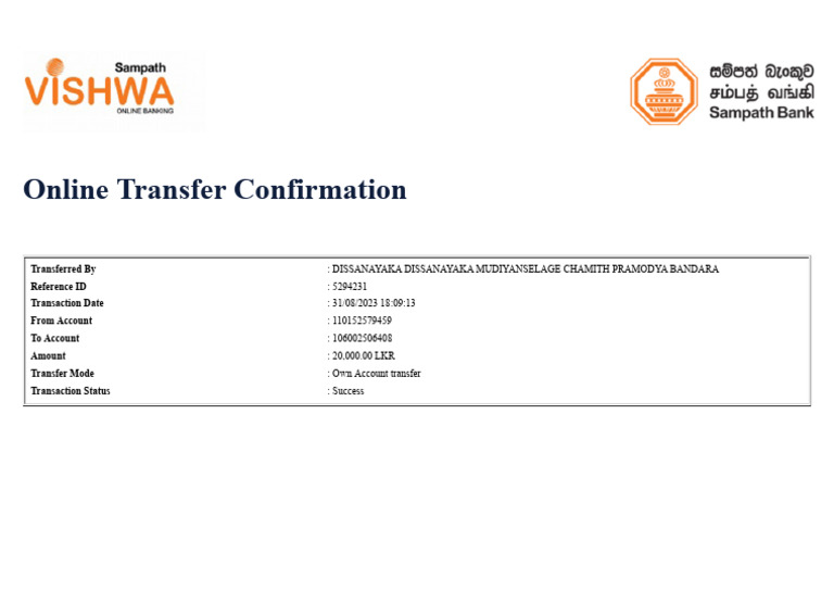Successful Online Transfer Confirmation | PDF