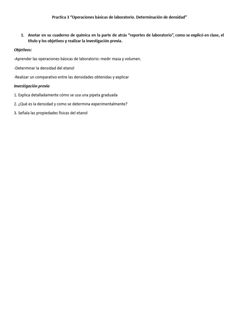 Practica 3. Operaciones B-sicas de Laboratorio. Determinaci-n de Densidad.docx | PDF