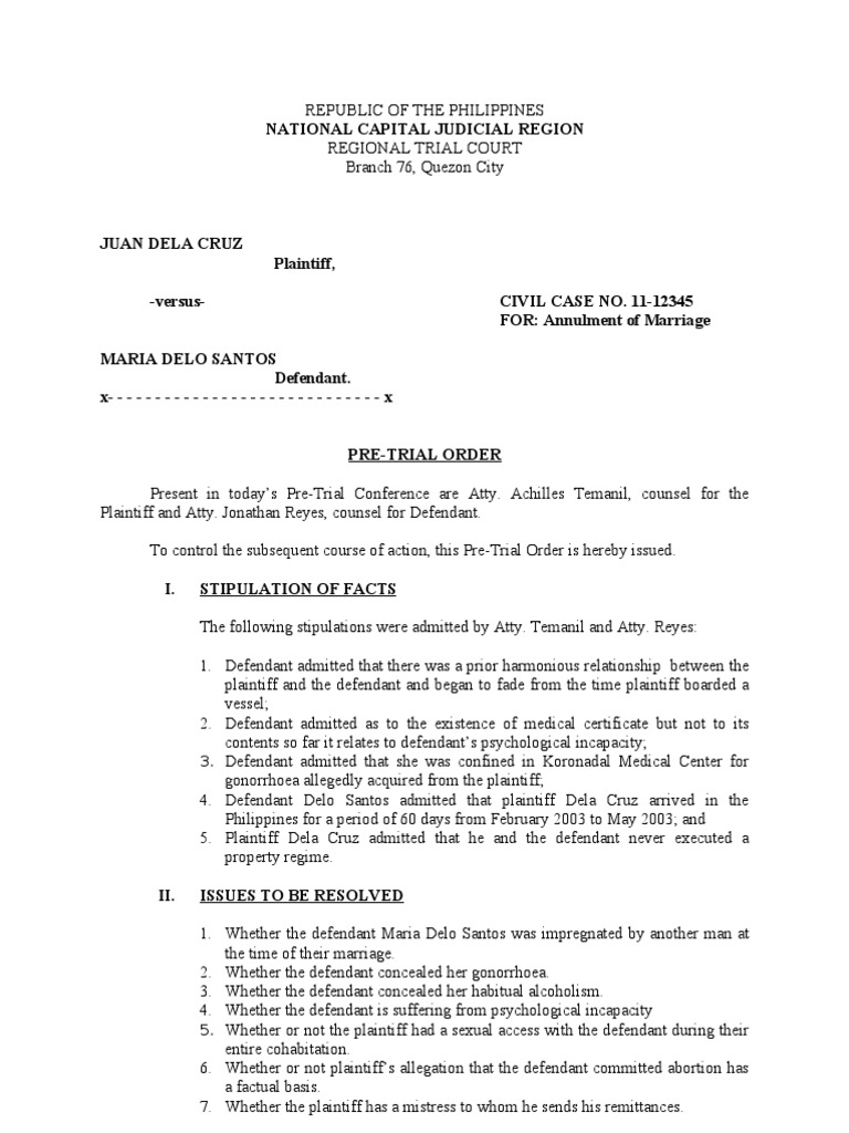 Pre-Trial Order for Annulment Case | PDF | Cross Examination | Lawsuit
