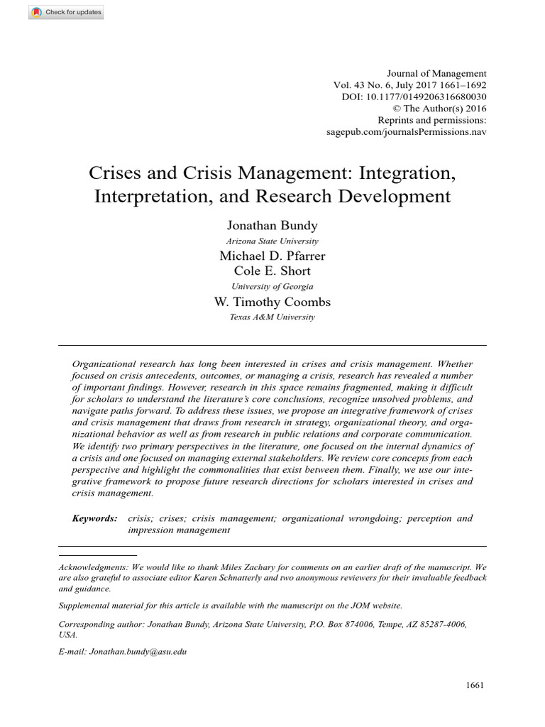 Bundy - Crises and Crisis Management Integration, Interpretation, and Research Development | PDF ...