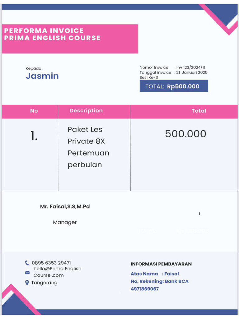 Performa Invoice Pembayaran Les Sesi Ke -3 Jasmin | PDF