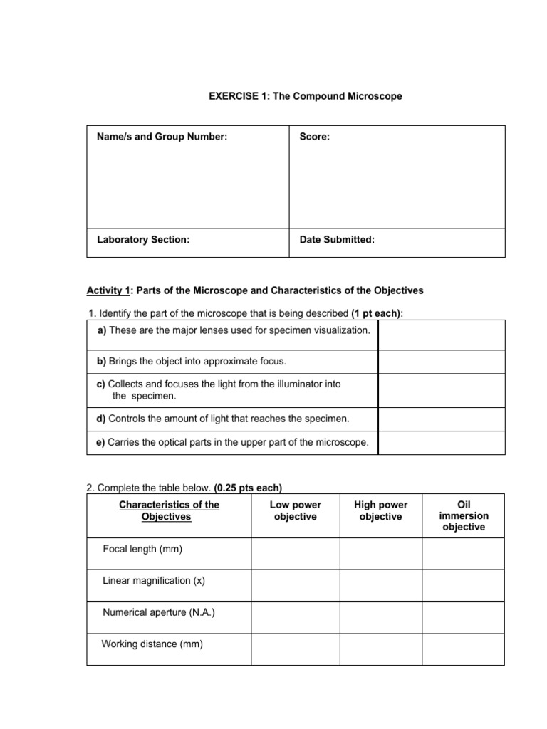 EXERCISE-1-The-Compound-Microscope-Activity-edited | PDF | Microscope | Optical Devices