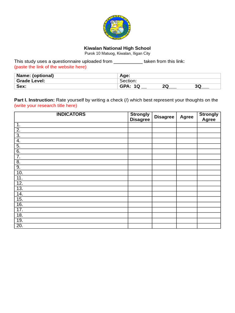 Kiwalan High School Student Survey Template | PDF