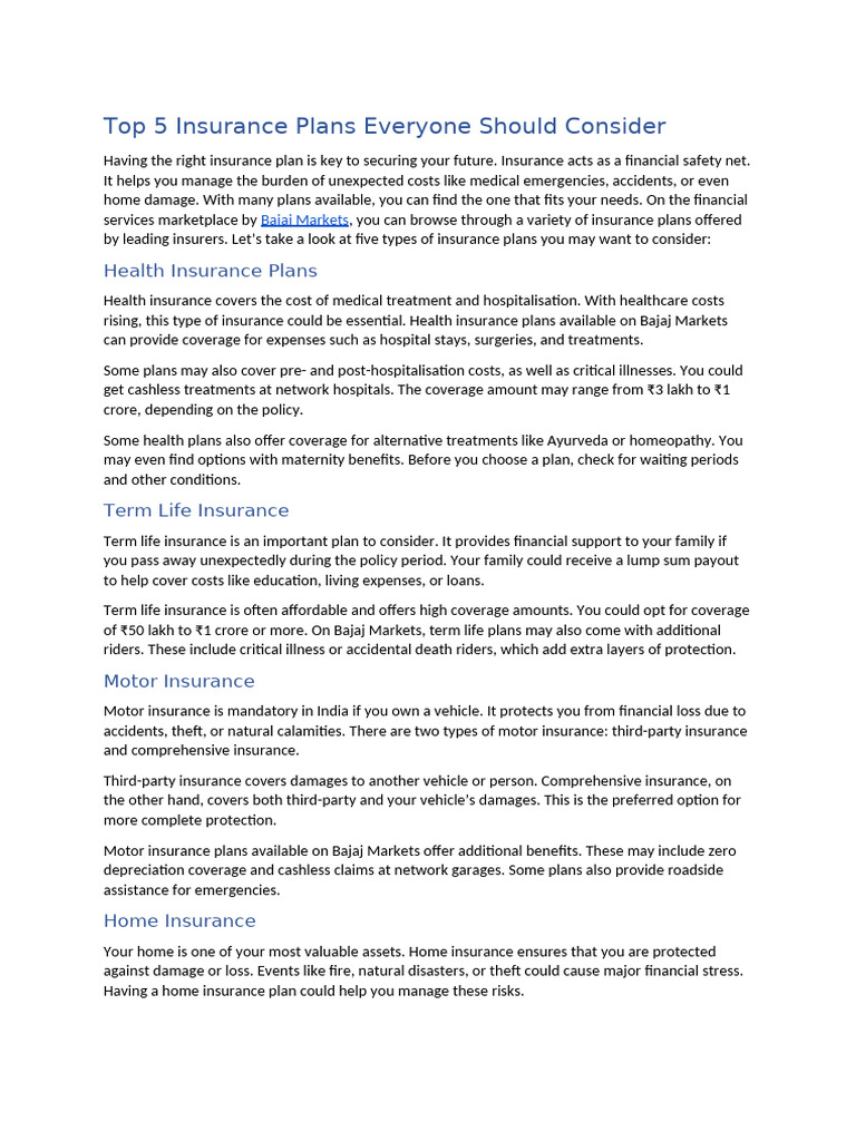 Essential Insurance Plans to Consider | PDF | Home Insurance | Insurance