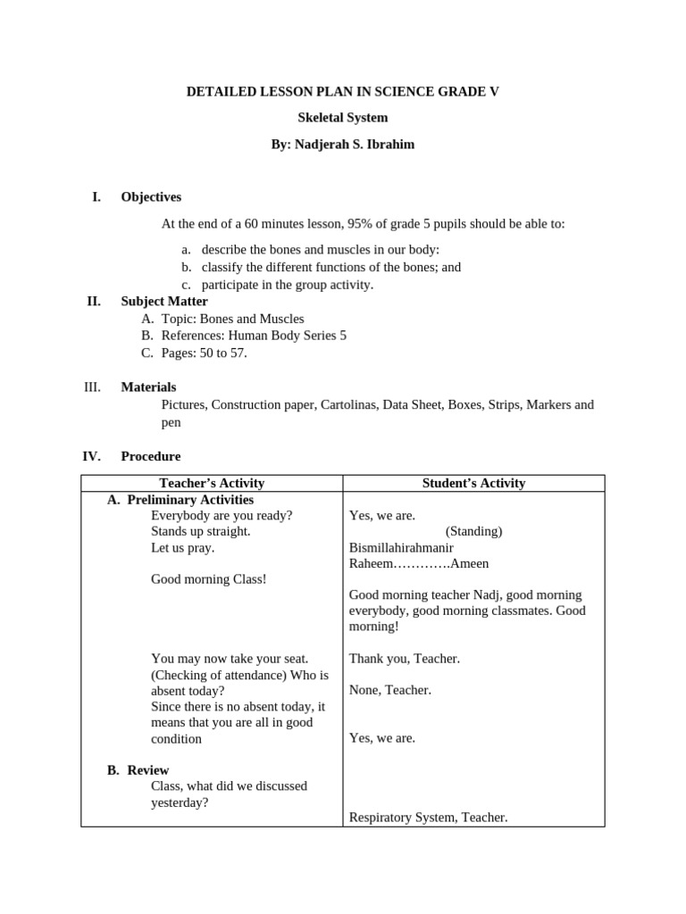 Grade 5 IBRAHIM, NADJERAH S. SCIENCE LESSON PLAN | PDF | Muscle | Skeleton