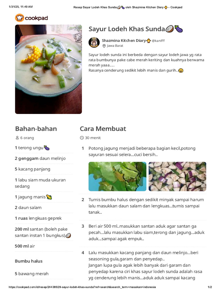 Resep Sayur Lodeh Khas Sunda?? Oleh Shazmina Kitchen Diary? - Cookpad | PDF