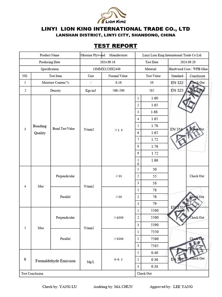 Okoume Plywood Test Report 2024 | PDF | Building Materials | Wood Products