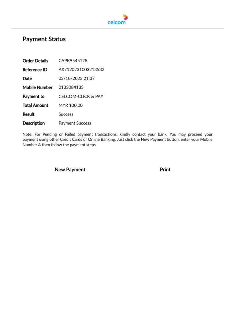 Celcom Payment Via Click and Pay - Payment Result | PDF