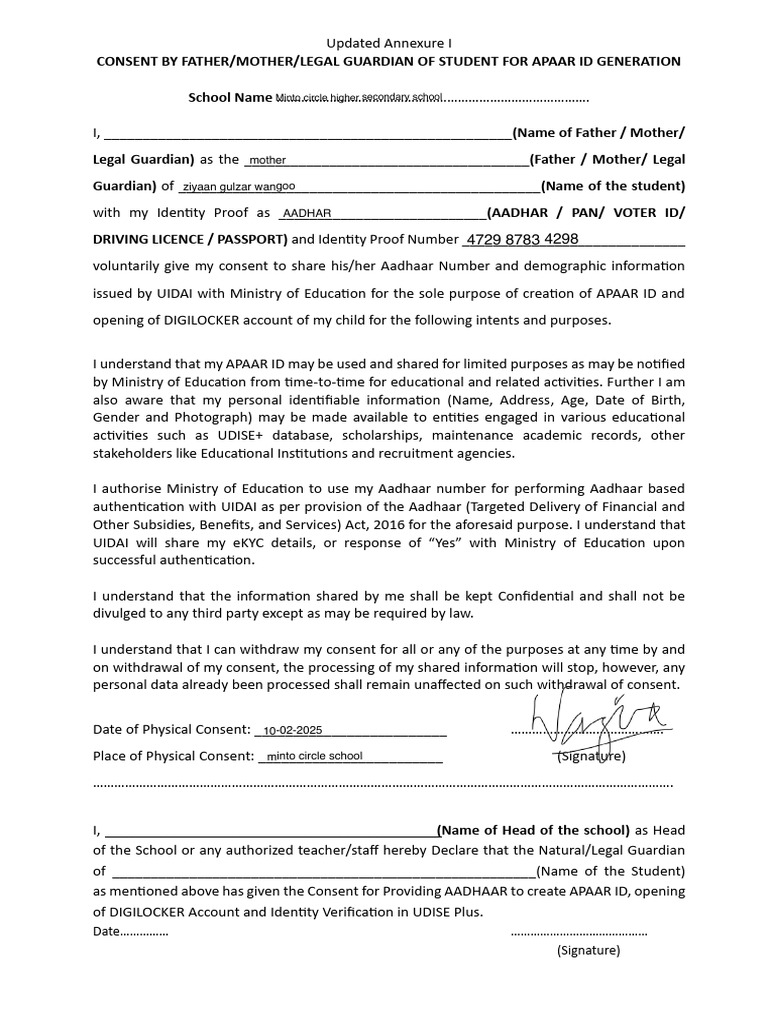 Consent by Parent of Student For Apaar Id Generation | PDF ...