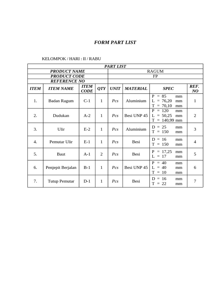 Ragum Part List and Specifications | PDF