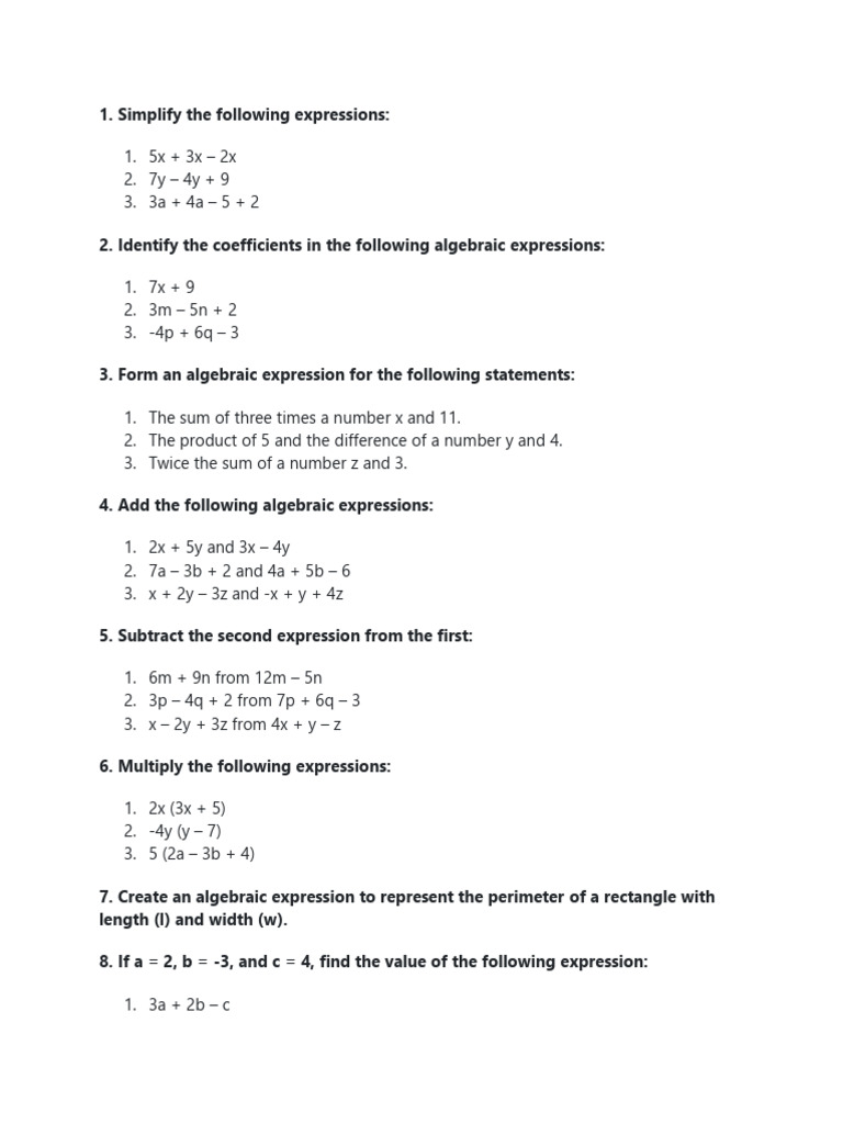 Grade 7 Algebraic Expression | PDF